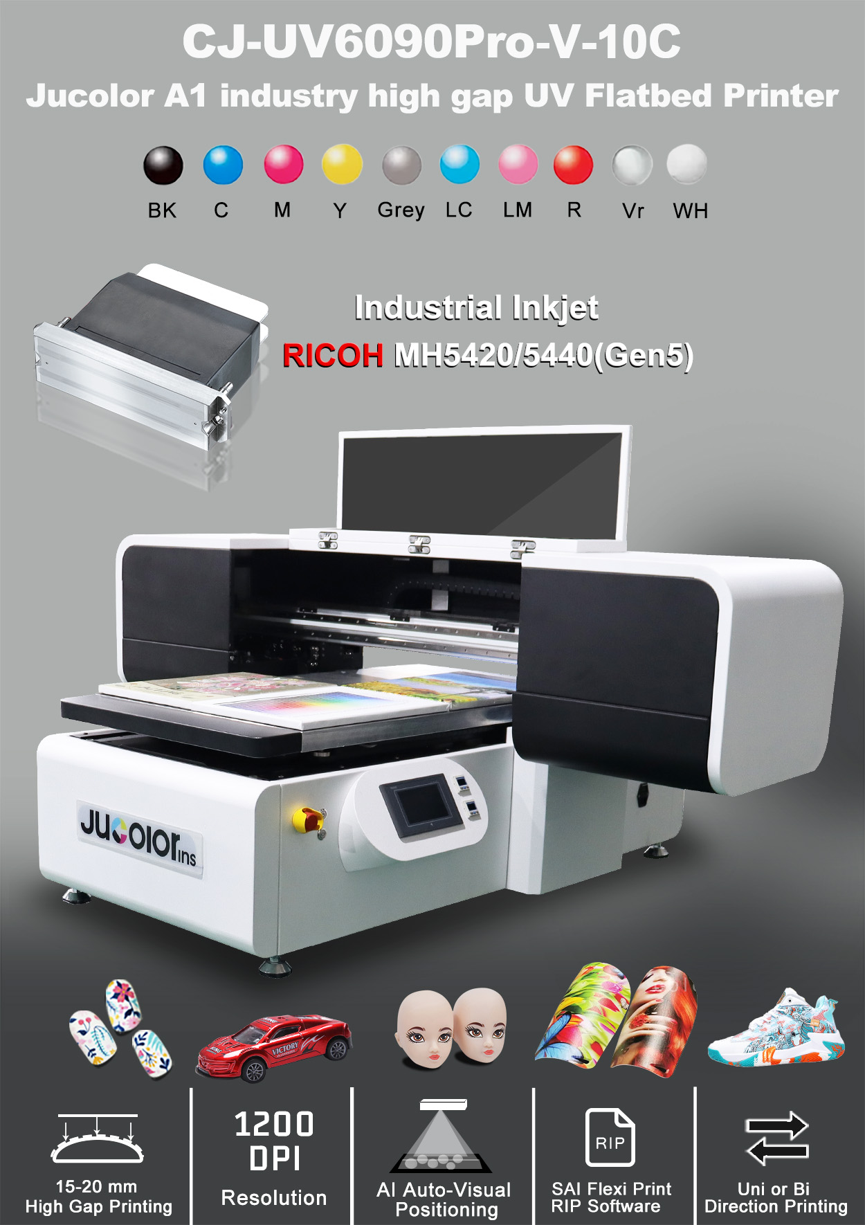 Jucolor newest CJ-UVF6090Pro-10C A1 multifunctional industry uv led flatbed printer - uv ...